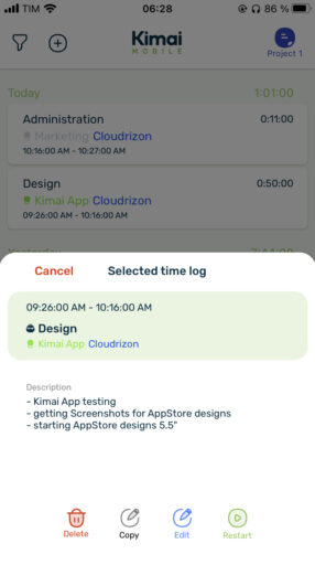 Time tracking app - Kimai Mobile
